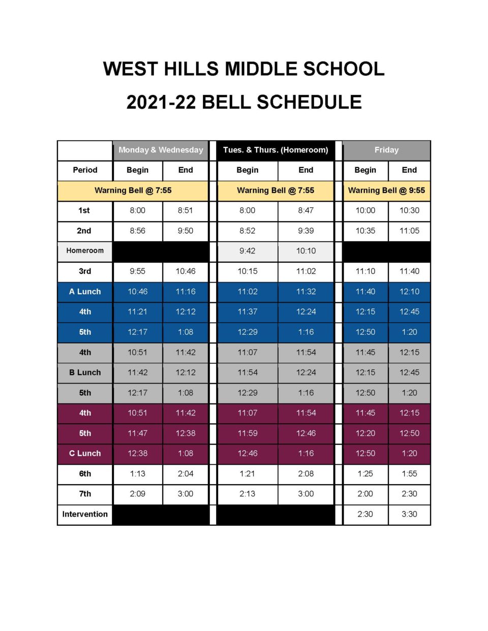 Bell Schedules – West Hills Middle