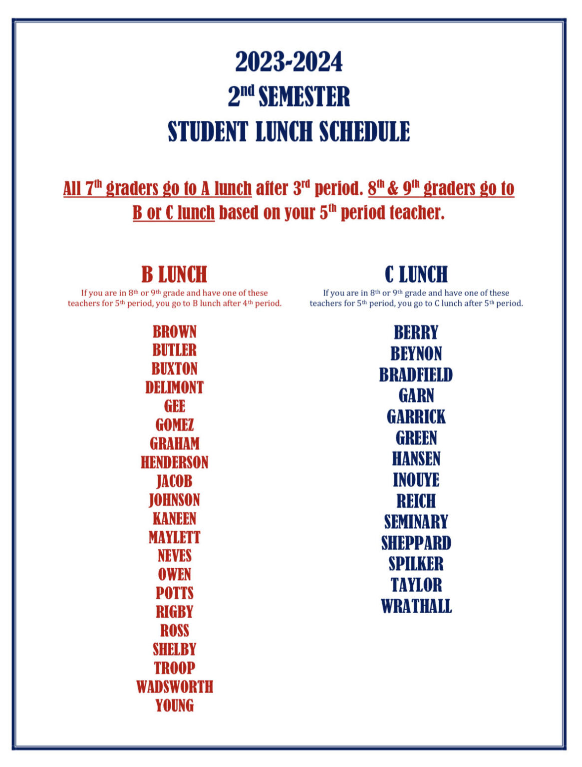 Lunch Schedule – West Hills Middle